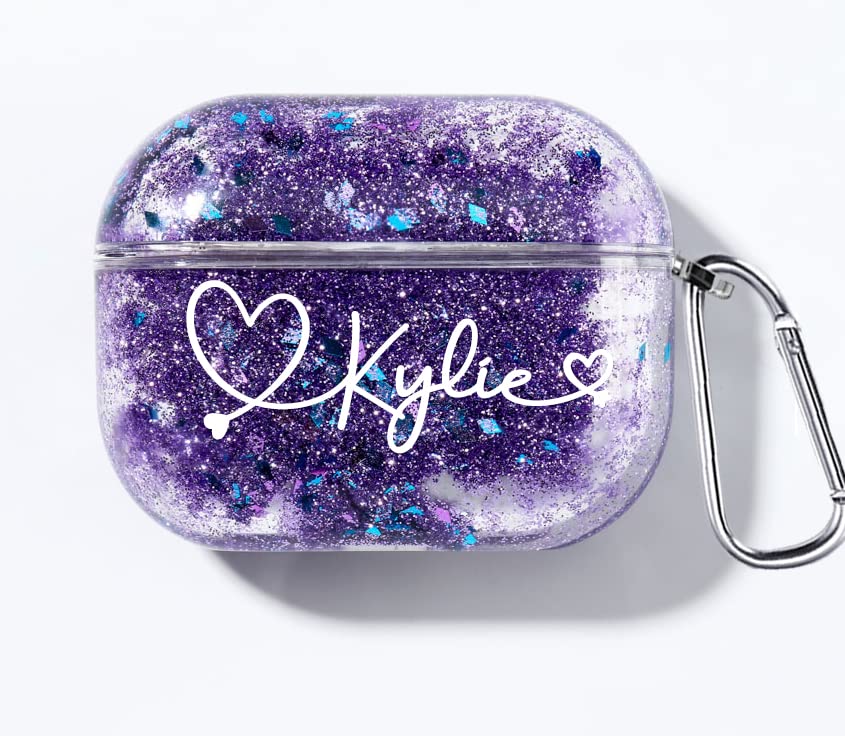 Purple Glitter Case For AirPods Pro Custom Name Keychain Protective Liquid Quicksand Personalized Pods 3 Cover Gift For Men Women MN2