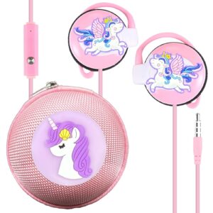 gogosinis earbuds set with case for kids for school, wired over-ear 3.5mm headphones for phone and pc, wrap around ear buds with earhook for kids 3-8, comfortable earphones with hook (unicorn)