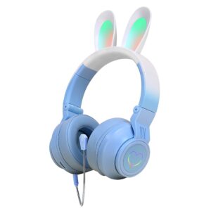 jinserta kids headphones with bunny ear led light up,noise cancelling adjustable microphone headset,wireless foldable over-ear headphones for kids gifts/school/kids tablet/travel (blue)