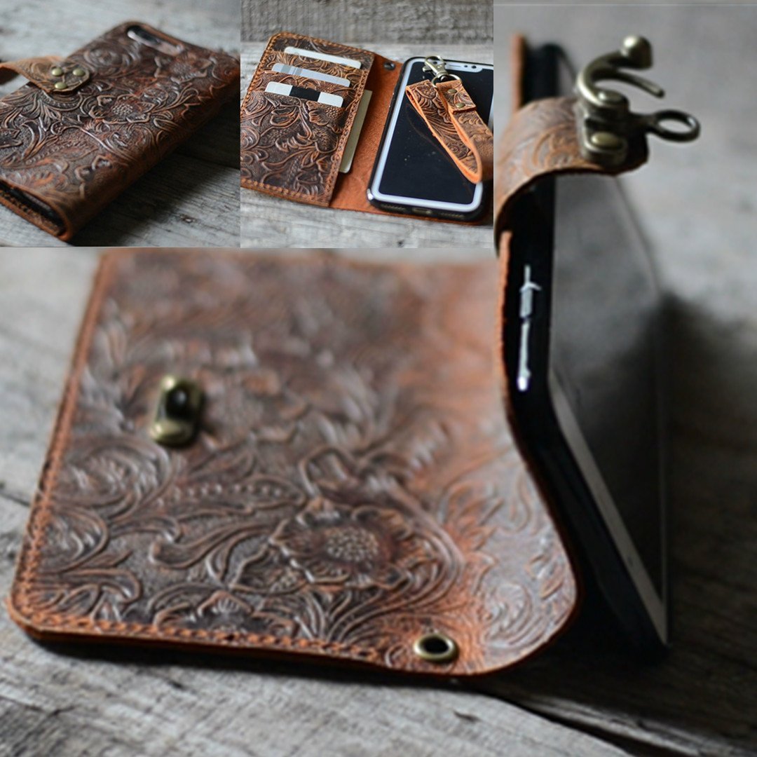 Handmade Genuine Leather Wallet Case For Iphone 15 Pro Max Case For Iphone 15 plus 15 pro 14 13 Mini 12 Xs Max With Wristlet Brown