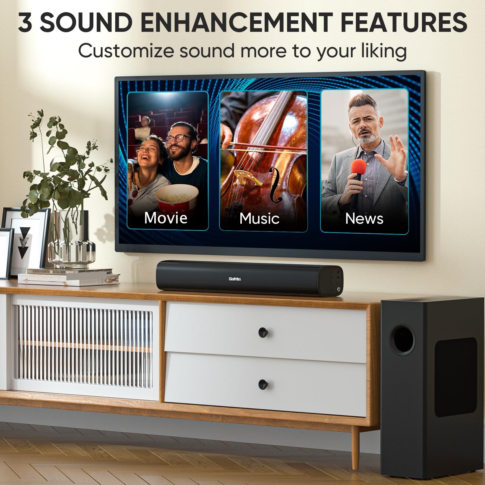 Saiyin Sound Bars for TV with Subwoofer,2.1CH Soundbar for TV,PC,Gaming, Surround Sound System for TV with Bluetooth/Optical/AUX Connection,17 Inch, Wall Mountable