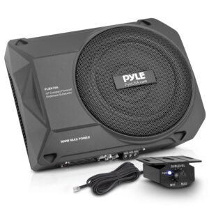 pyle 10-inch low-profile amplified subwoofer system - 900 watt compact enclosed active underseat car audio subwoofer with built-in amp, powered car subwoofer w/low & high-level inputs - plbx10a