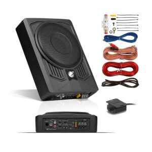 planet audio p8awk low profile 8 inch under seat powered car subwoofer - 800 high output, built-in amplifier, for truck, boxes and enclosures, remote subwoofer control