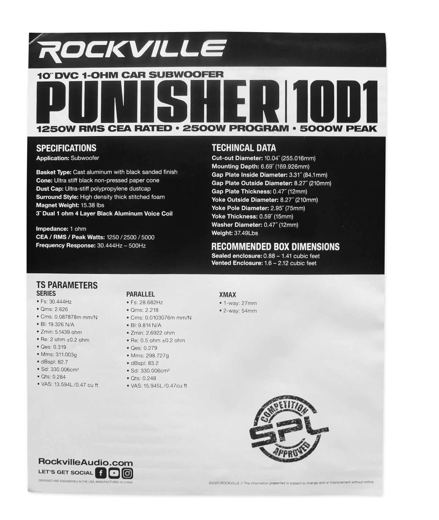 Rockville Punisher 10D1 10" 5000w Peak Competition Car Audio Subwoofer Dual 1-Ohm Sub 1250w RMS CEA Rated, Black