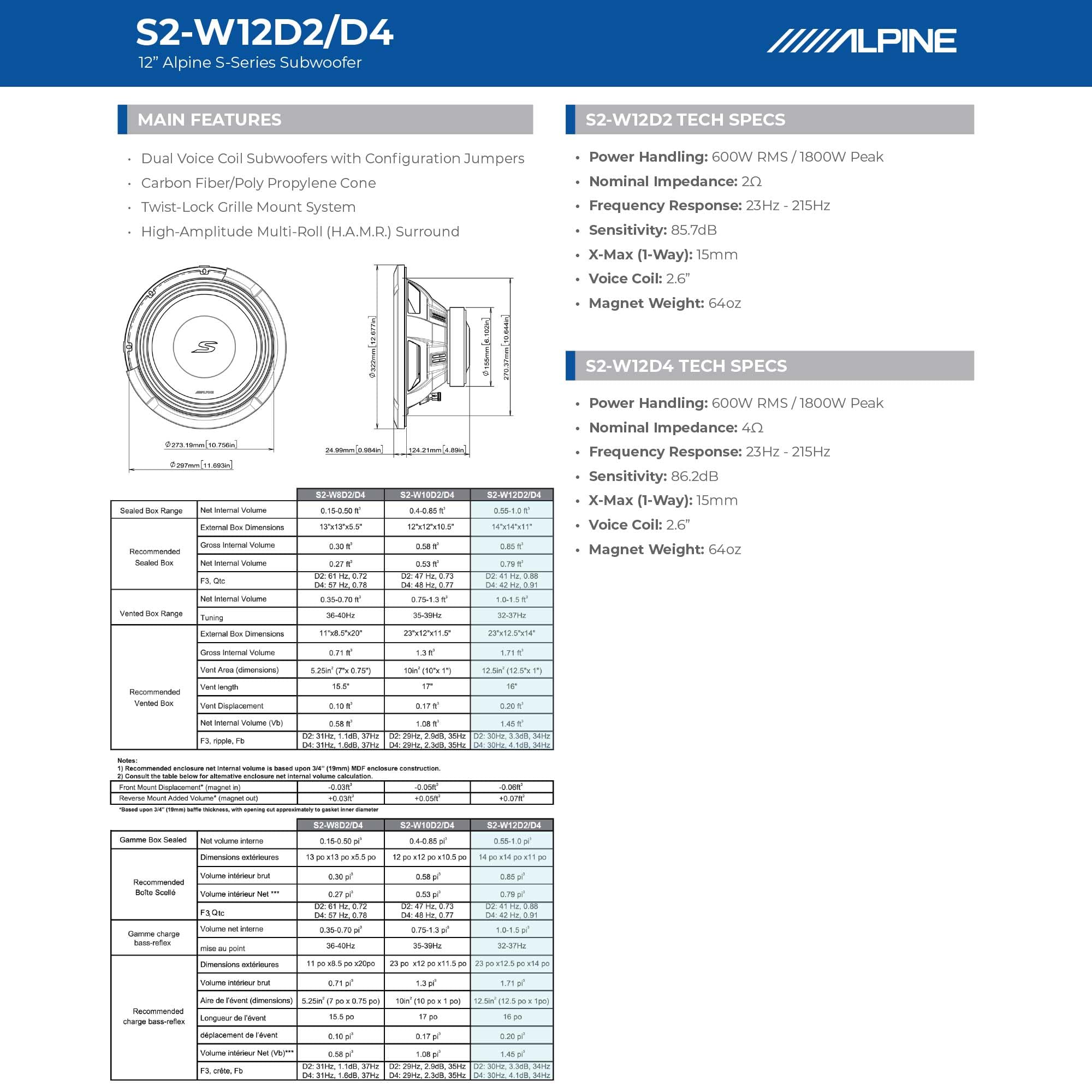 Alpine S2-W12D4 12" S-Series Dual 4 Ohm Car Subwoofer, 1800W Max, 600W RMS