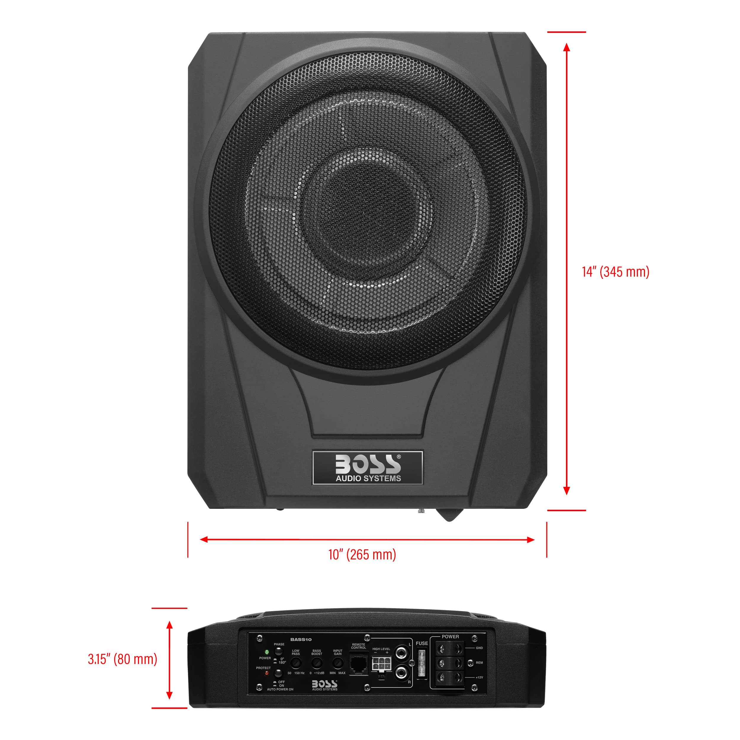 BOSS Audio Systems BASS10 Amplified Car Subwoofer - Low Profile, 10 Inch Subwoofer, Remote Subwoofer Control, for Vehicles Needing Bass with Limited Space, Remote Subwoofer Control