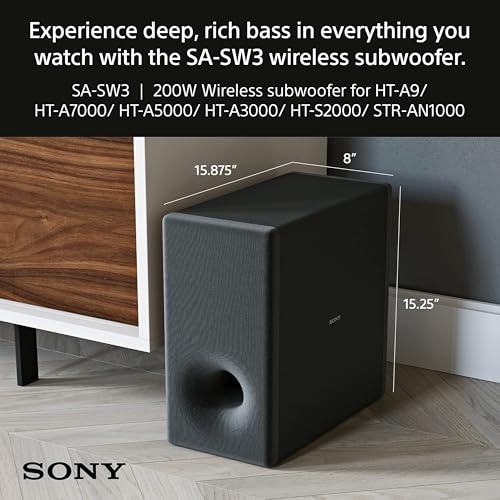 Sony SA-SW3 200W Wireless Subwoofer for BRAVIA THEATER (BAR 9, BAR 8, QUAD), HT-A9/A7000/A5000/A3000/S2000 and STR-AN1000