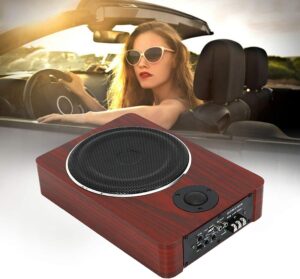 leweiiq car under-seat active subwoofer power amplifier bass hifi slim speaker, 8'' 600w low profile under-seat active powered car subwoofer for car boat rv atv (wood)