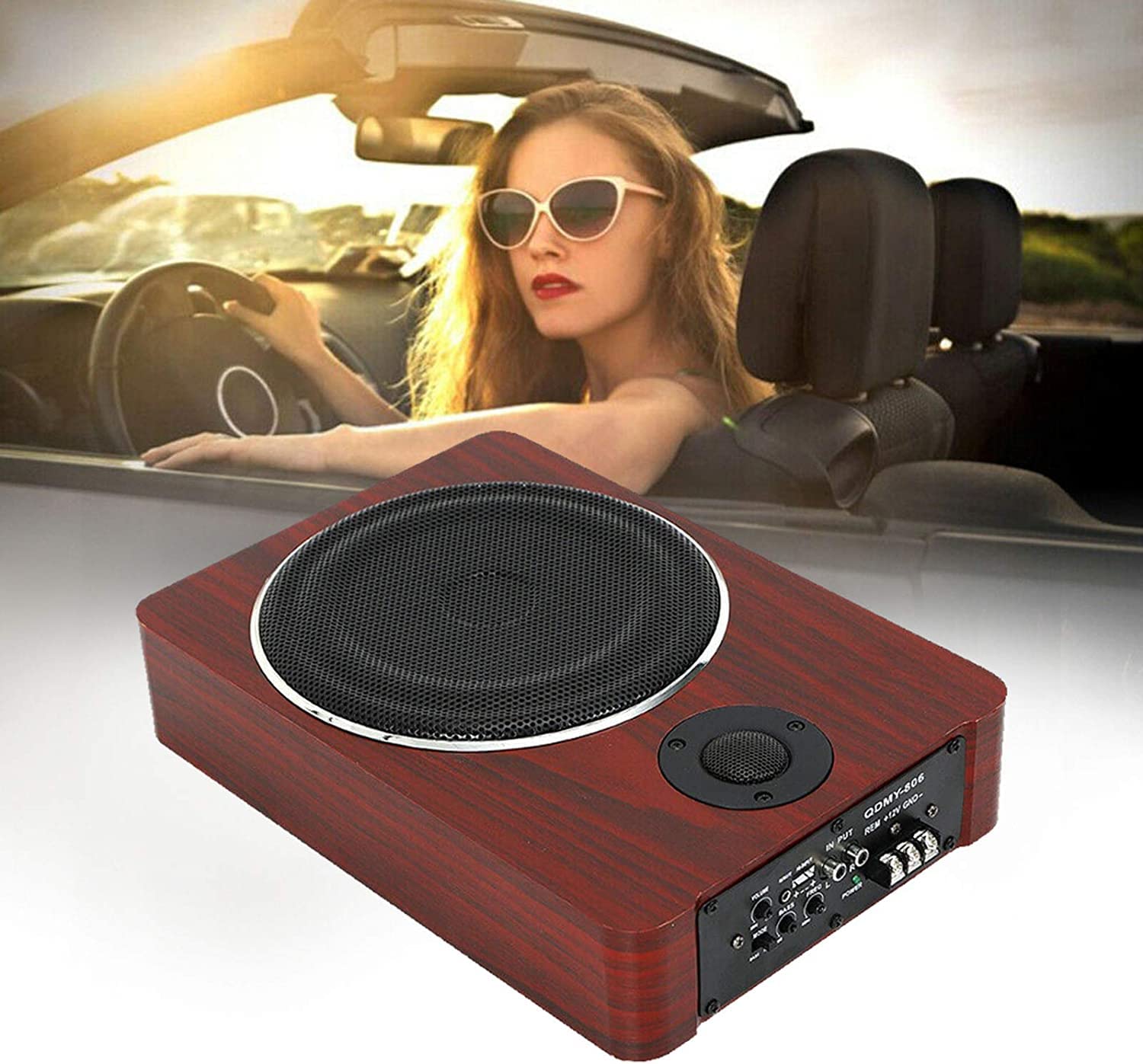 Leweiiq Car Under-Seat Active Subwoofer Power Amplifier Bass HiFi Slim Speaker, 8'' 600W Low Profile Under-Seat Active Powered Car Subwoofer for Car Boat RV ATV (Wood)