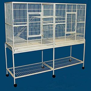 double extra large 3-tiers small animals critters wrought iron cage tight 1/2-inch bar spacing center divider removable rolling stand (63" lx19 dx64 h, white vein)