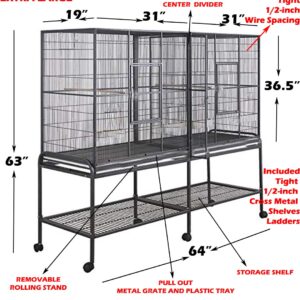 Double Extra Large 3-Tiers Small Animals Critters Wrought Iron Cage Tight 1/2-inch Bar Spacing Center Divider Removable Rolling Stand (63" Lx19 Dx64 H, White Vein)