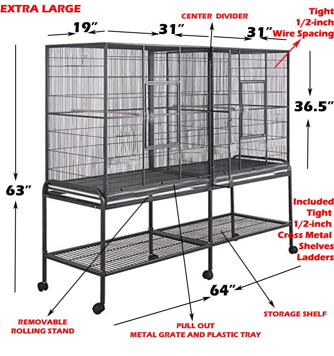 Double Extra Large 3-Tiers Small Animals Critters Wrought Iron Cage Tight 1/2-inch Bar Spacing Center Divider Removable Rolling Stand (63" Lx19 Dx64 H, White Vein)