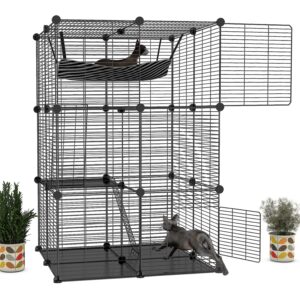 IKARE Cat Cage DIY Indoor Pet Home Small Animal House Detachable Playpen with 3 Doors 3 Tiers for Kitten Puppy Bunny Exercise. (Black，27.6 x 27.6 x 41.3Inch)