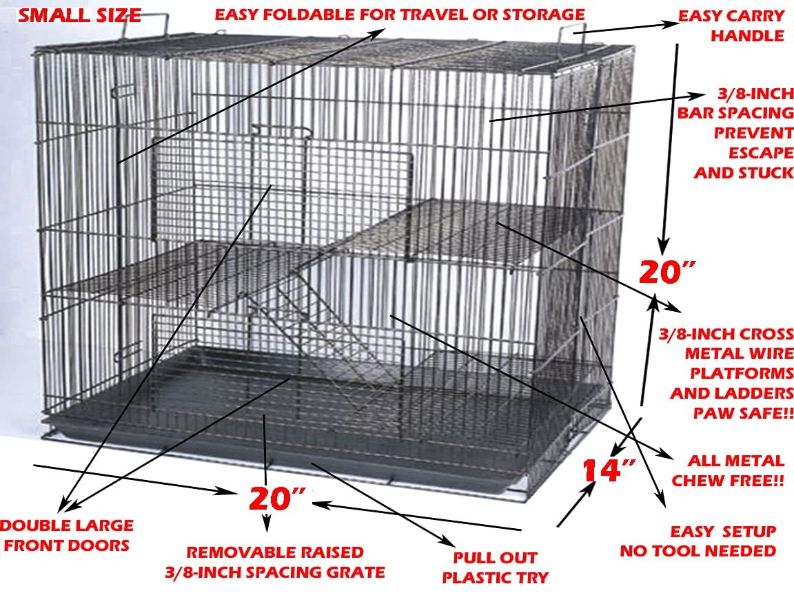 Foldable 3-Level with Narrow 3/8 Inch Bar Spacing Chew Free Small Animal Critter Travel Carrier Cage for Guinea Pig Ferret Chinchilla Sugar Glider Rats Mice Gerbil