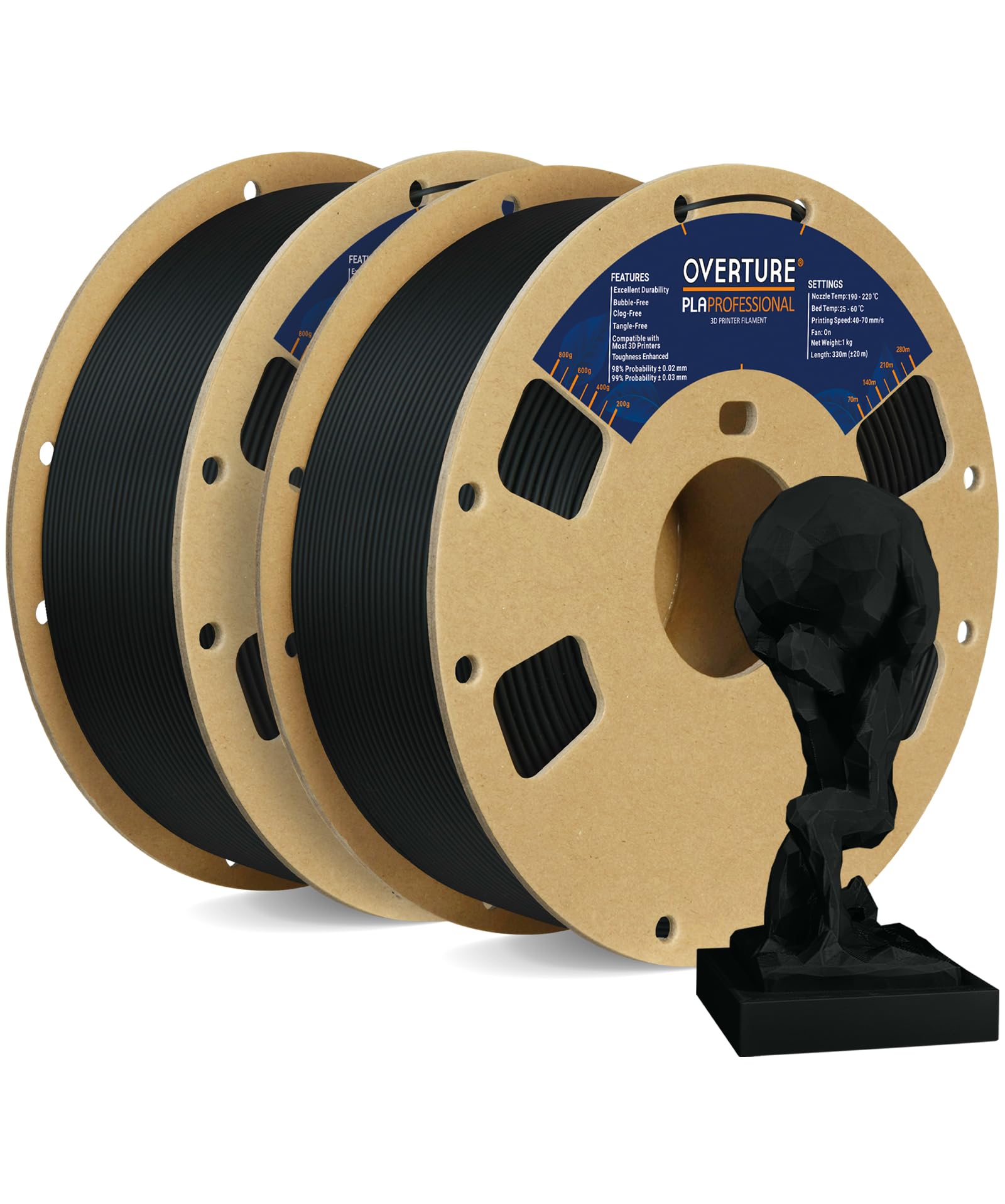 OVERTURE PLA Plus (PLA+) Filament 1.75mm PLA Professional Toughness Enhanced PLA Roll, Cardboard Spool, Premium PLA 1kg(2.2lbs), Dimensional Accuracy 99% Probability +/- 0.03mm (Black,2-Pack)