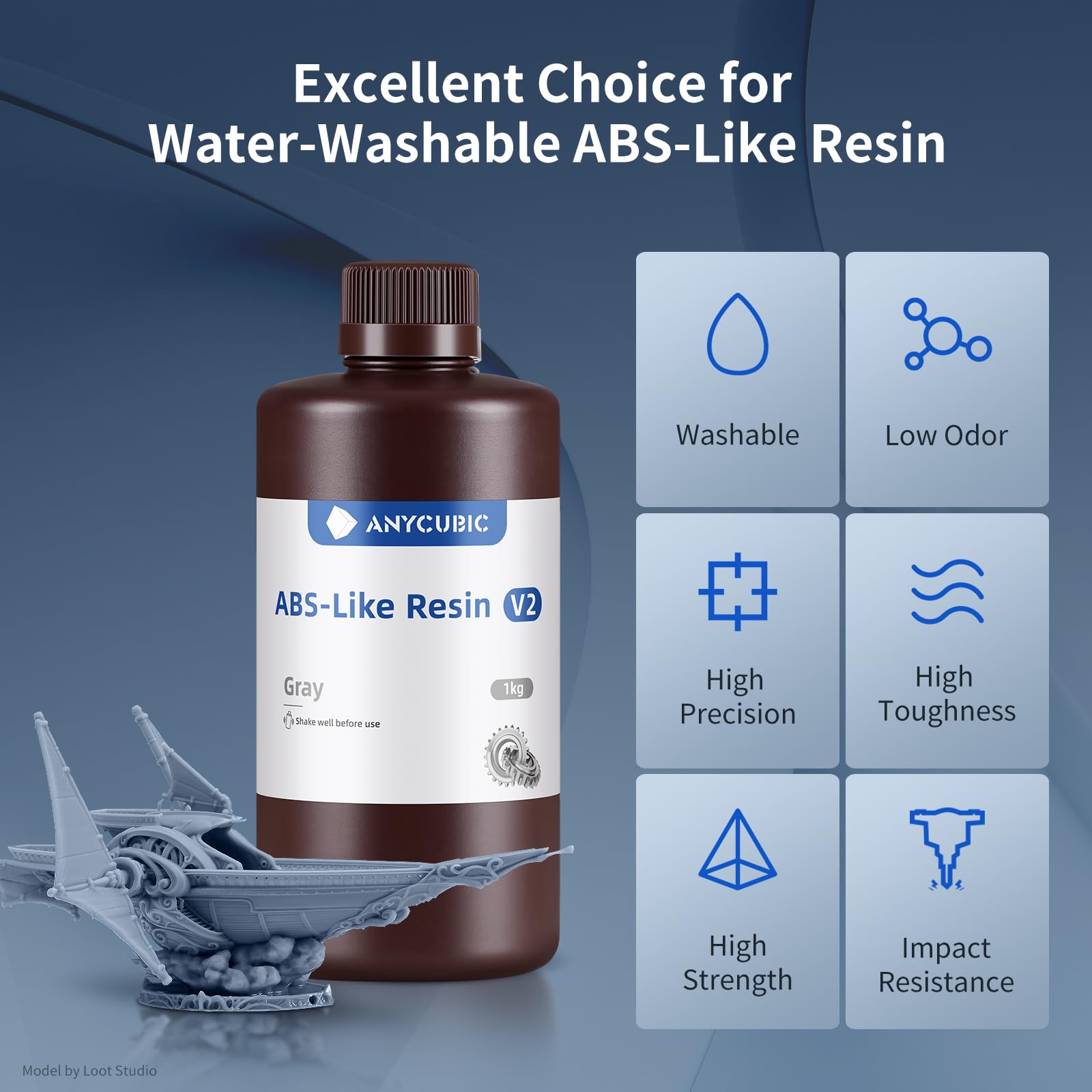 ANYCUBIC Water Washable ABS-Like 3D Printer Resin, High Toughness and Durability, High Precision and Easy to Post-process, Low odor, Wide Compatibility for all LCD Resin 3D Printers (Grey, 1kg)