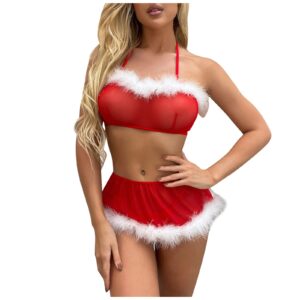 joau women christmas lingerie set santa strappy teddy naughty furry 3 piece set bra and mini skirt g-string thong sets red