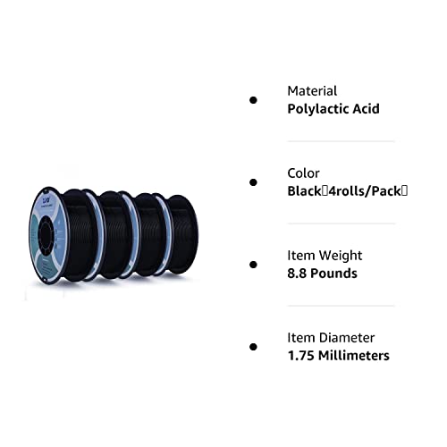 ZIRO PLA Filament 1.75mm,3D Printer Filament PLA PRO Basic Color Series 1.75MM Total 4KG(8.8lbs), Dimensional Accuracy +/- 0.03mm,Black(1KG X 4 Spools Pack)