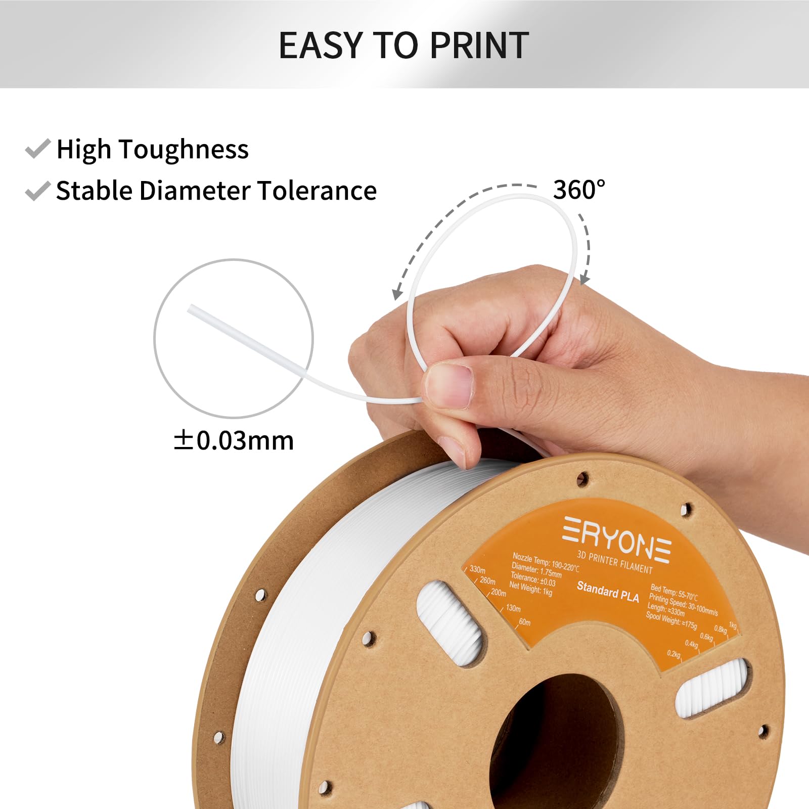 ERYONE PLA Filament 1.75mm, 3D Printer Filament PLA +/- 0.03mm, 1kg(2.2lbs)/Spool, White