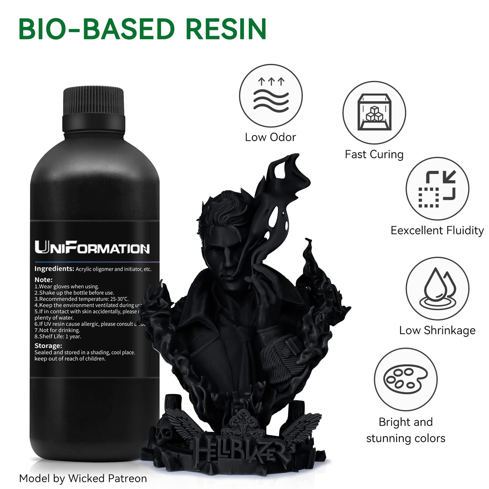 Uniformation 8k 3D Printer Resin PLA Plant Based Resin,Biodegradable 405nm UV Curing Photopolymer Rapid for 4K 6K 8K LCD/DLP/SLA 3D Printer Space Black 1kg