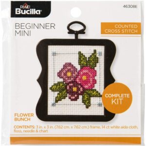 bucilla beginner mini my first cross stitch kit, 3", flowers, 3"