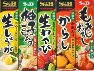 assortment of japanese seasoning wasabi(grated raw wasabi),karashi,citron pepper,momizi oroshi(grated daikon and pepper),grated ginger ninjapo™ japan