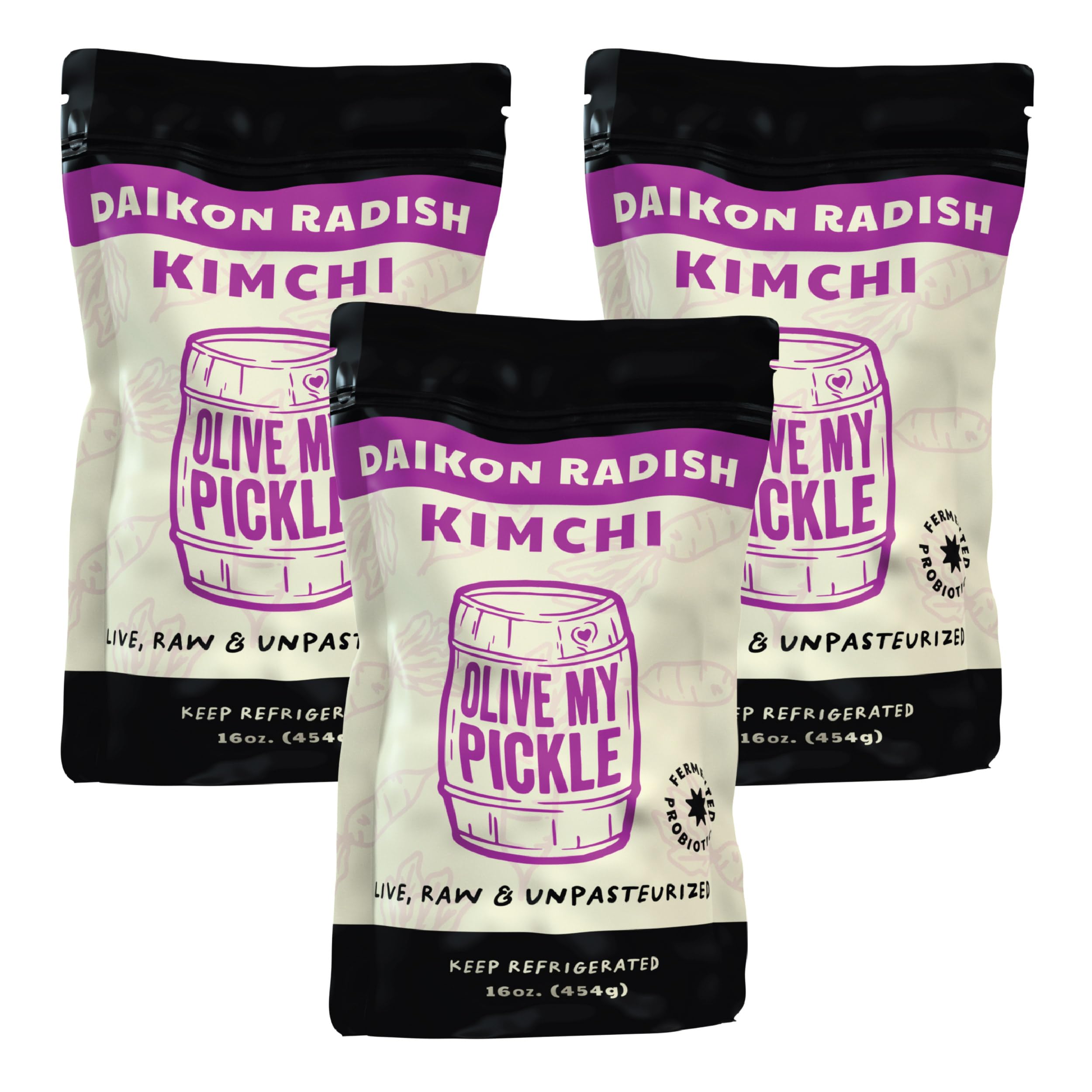 Olive My Pickle Fermented Kimchi - 48 Ounces | 3-Pack Bundle of Probiotic Daikon Radish Kimchi | Fresh & Flavorful Korean Food with Natural Probiotics for Gut Health - Perfect for Ramen & Spicy Noodles