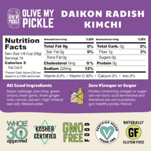 Olive My Pickle Fermented Kimchi - 48 Ounces | 3-Pack Bundle of Probiotic Daikon Radish Kimchi | Fresh & Flavorful Korean Food with Natural Probiotics for Gut Health - Perfect for Ramen & Spicy Noodles