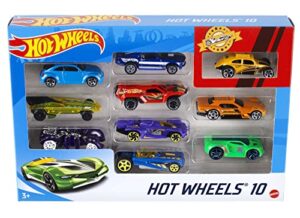 hot wheels set of 10 toy cars & trucks in 1:64 scale, race cars, semi, rescue or construction trucks (styles may vary)