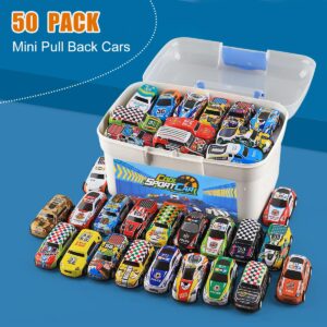 Mostop 50PCS Pull Back Cars,Toys for 3 Year Old Boys Girls, Push and Go Toy Race Car Vehicle with Storage Box, Friction Power Diecast Kids Toy Mini Cars for 3+ Years Old,Best Gifts for Party Birthday