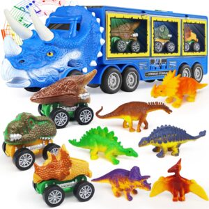 dinosaur toys for kids 3-7, dinosaur transport truck for boys with roar & music button and slide, 11 pack friction truck toy include 3 pull back dinosaur cars and 6 dino figures, gift for children