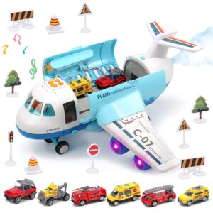 cute stone toy airplane plane toy with smoke, sound and light, fricton powered airplane with mini cars, great gift for boys and girls