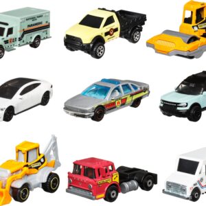 Matchbox Cars, 9-Pack Die-Cast 1:64 Scale Toy Cars, Construction or Garbage Trucks, Rescue Vehicles or Planes (Styles May Vary).