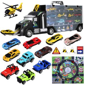 ibasetoy toddler toys car for boys: 18 pieces carrier truck transport vehicles toys with carrying case helicopters race model car play mat - kids toys car trucks toy set for kids boys girls