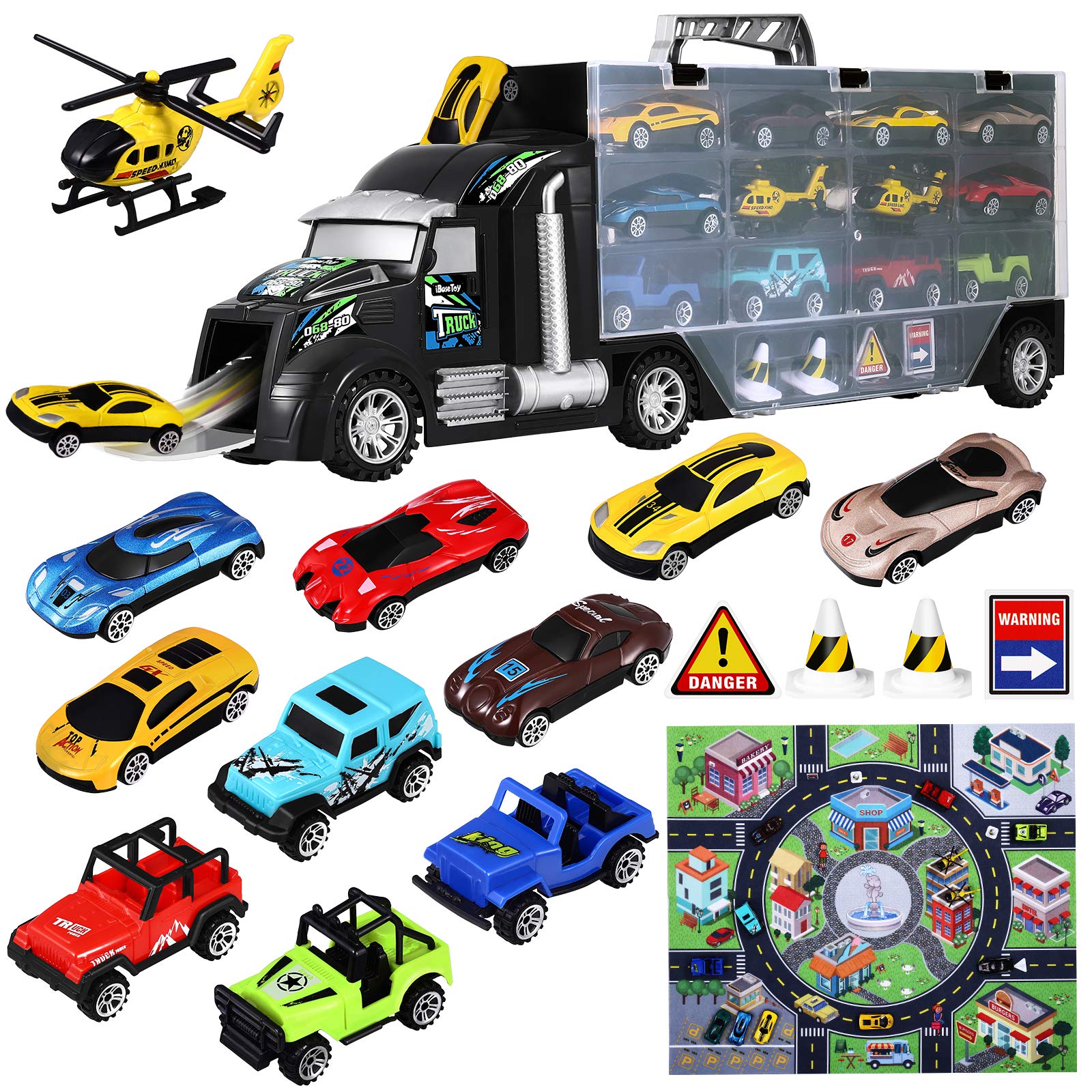 iBaseToy Toddler Toys Car for Boys: 18 Pieces Carrier Truck Transport Vehicles Toys with Carrying Case Helicopters Race Model Car Play Mat - Kids Toys Car Trucks Toy Set for Kids Boys Girls