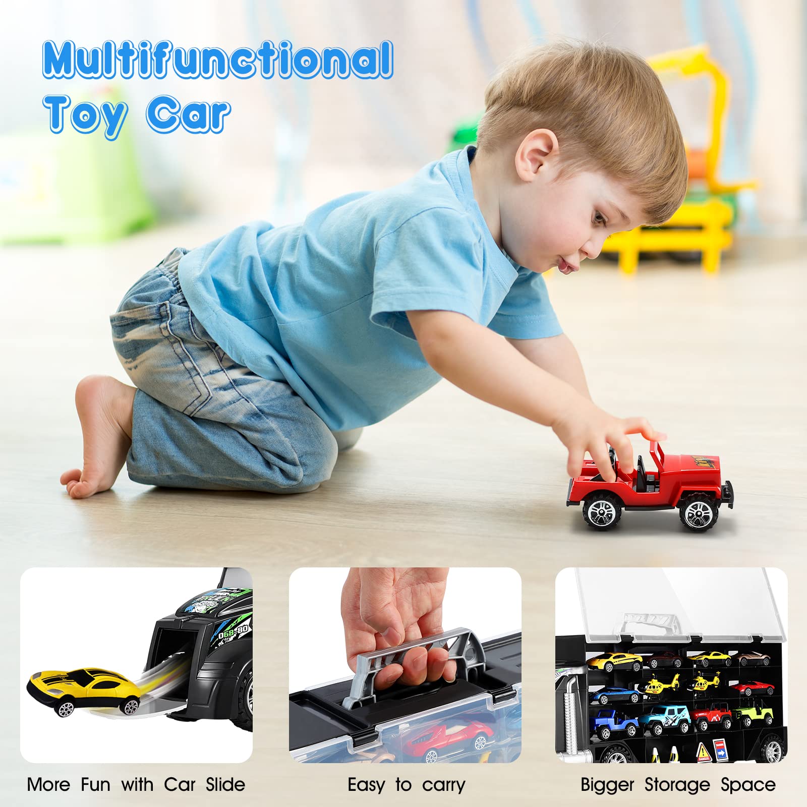 iBaseToy Toddler Toys Car for Boys: 18 Pieces Carrier Truck Transport Vehicles Toys with Carrying Case Helicopters Race Model Car Play Mat - Kids Toys Car Trucks Toy Set for Kids Boys Girls