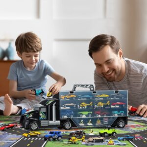 iBaseToy Toddler Toys Car for Boys: 18 Pieces Carrier Truck Transport Vehicles Toys with Carrying Case Helicopters Race Model Car Play Mat - Kids Toys Car Trucks Toy Set for Kids Boys Girls