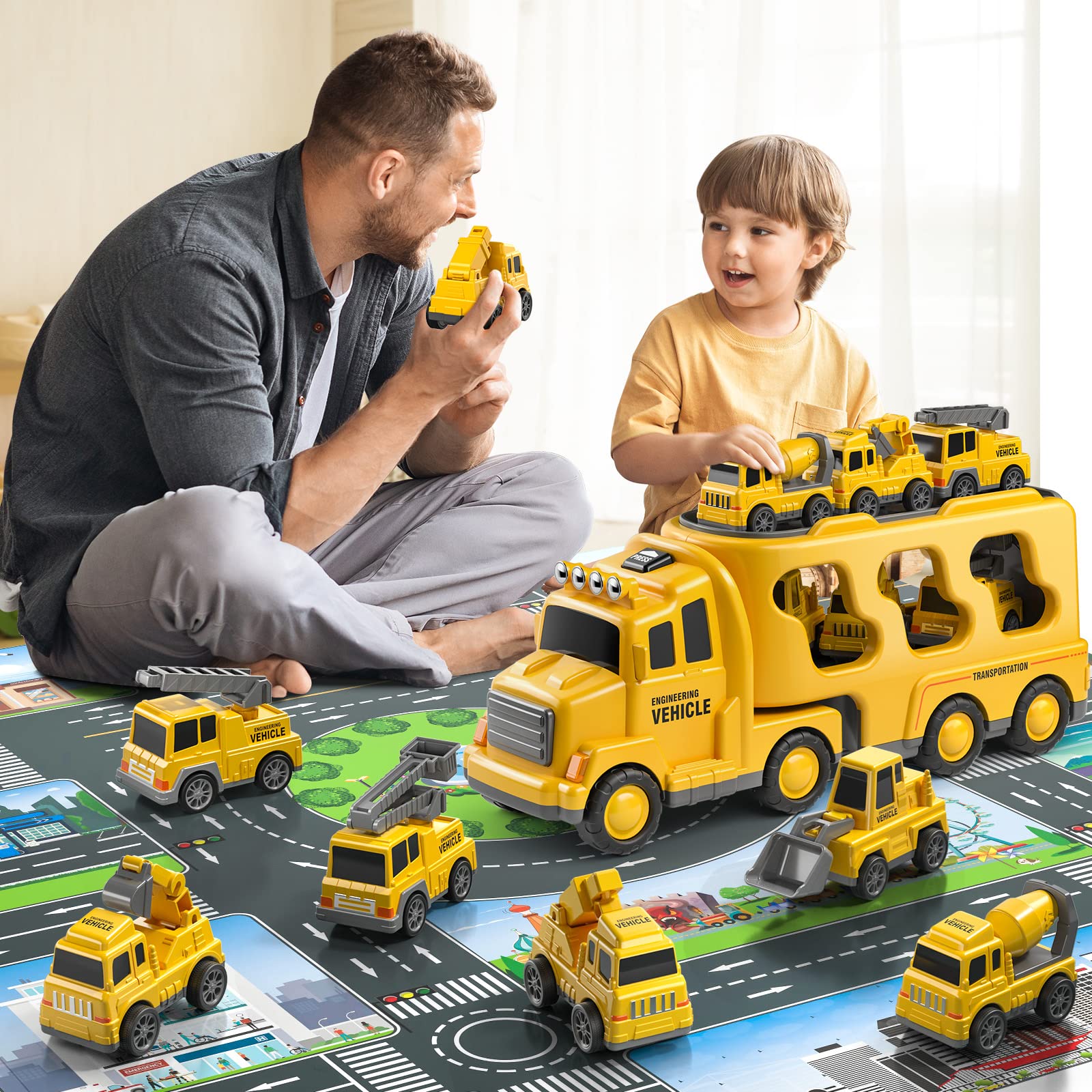 TEMI Construction Truck Toys Car for 3 4 5 6 Year Old Toddlers Boys, 7-in-1 Carrier Construction Vehicles Toys w/Play Mat, Car Toys Set for Kids Girls Christmas Birthday Gifts