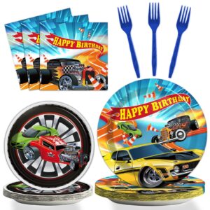 tevxj 96 pcs racing car tableware set hot car birthday dinnerware disposable plates racing car plates napkins forks for kids boys happy birthday party decorations supplies 24 guests