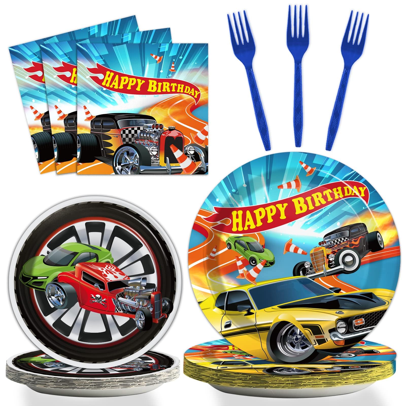 Tevxj 96 Pcs Racing Car Tableware Set Hot Car Birthday Dinnerware Disposable Plates Racing Car Plates Napkins Forks for Kids Boys Happy Birthday Party Decorations Supplies 24 guests