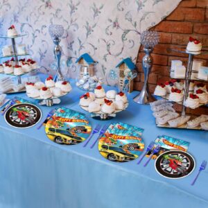 Tevxj 96 Pcs Racing Car Tableware Set Hot Car Birthday Dinnerware Disposable Plates Racing Car Plates Napkins Forks for Kids Boys Happy Birthday Party Decorations Supplies 24 guests