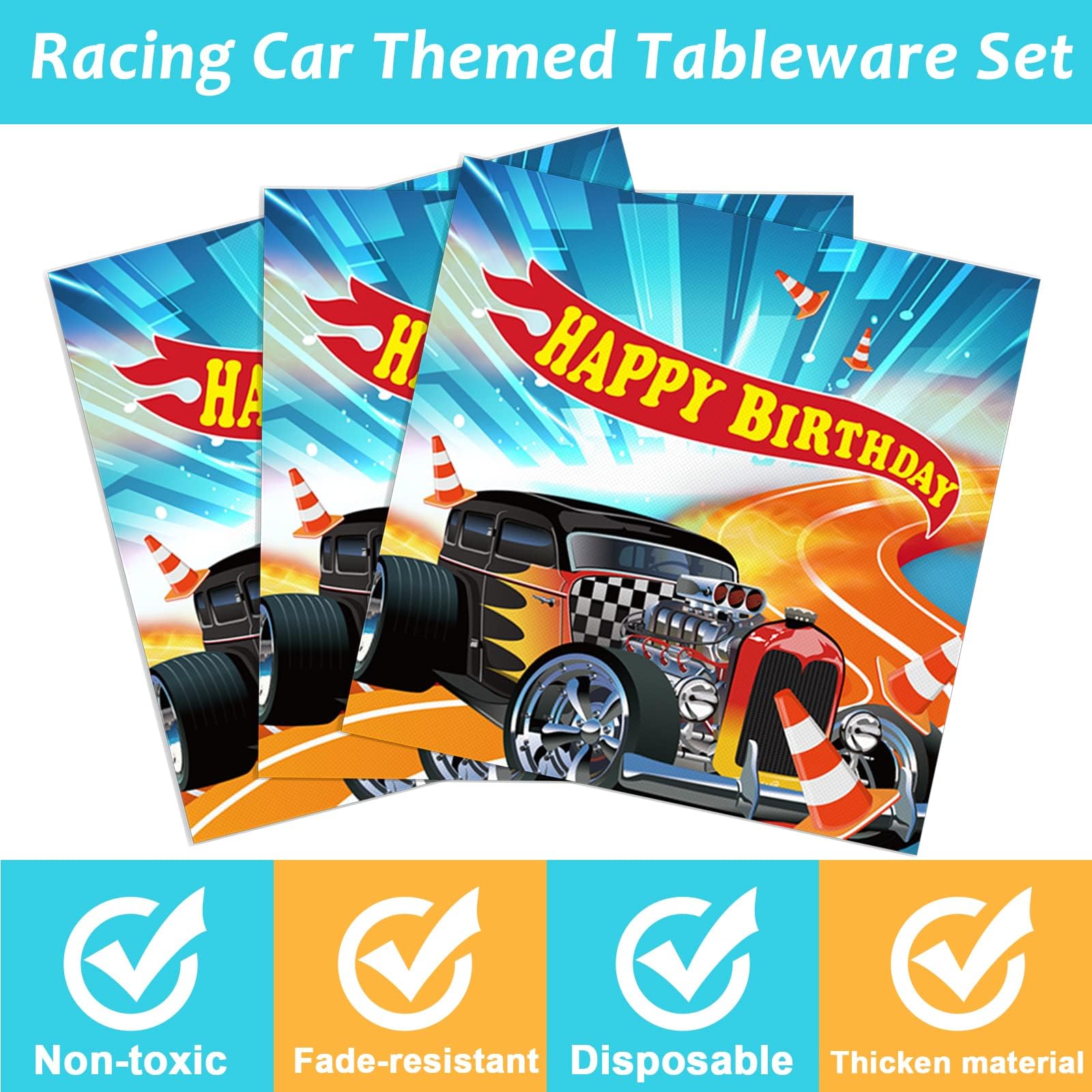 Tevxj 96 Pcs Racing Car Tableware Set Hot Car Birthday Dinnerware Disposable Plates Racing Car Plates Napkins Forks for Kids Boys Happy Birthday Party Decorations Supplies 24 guests