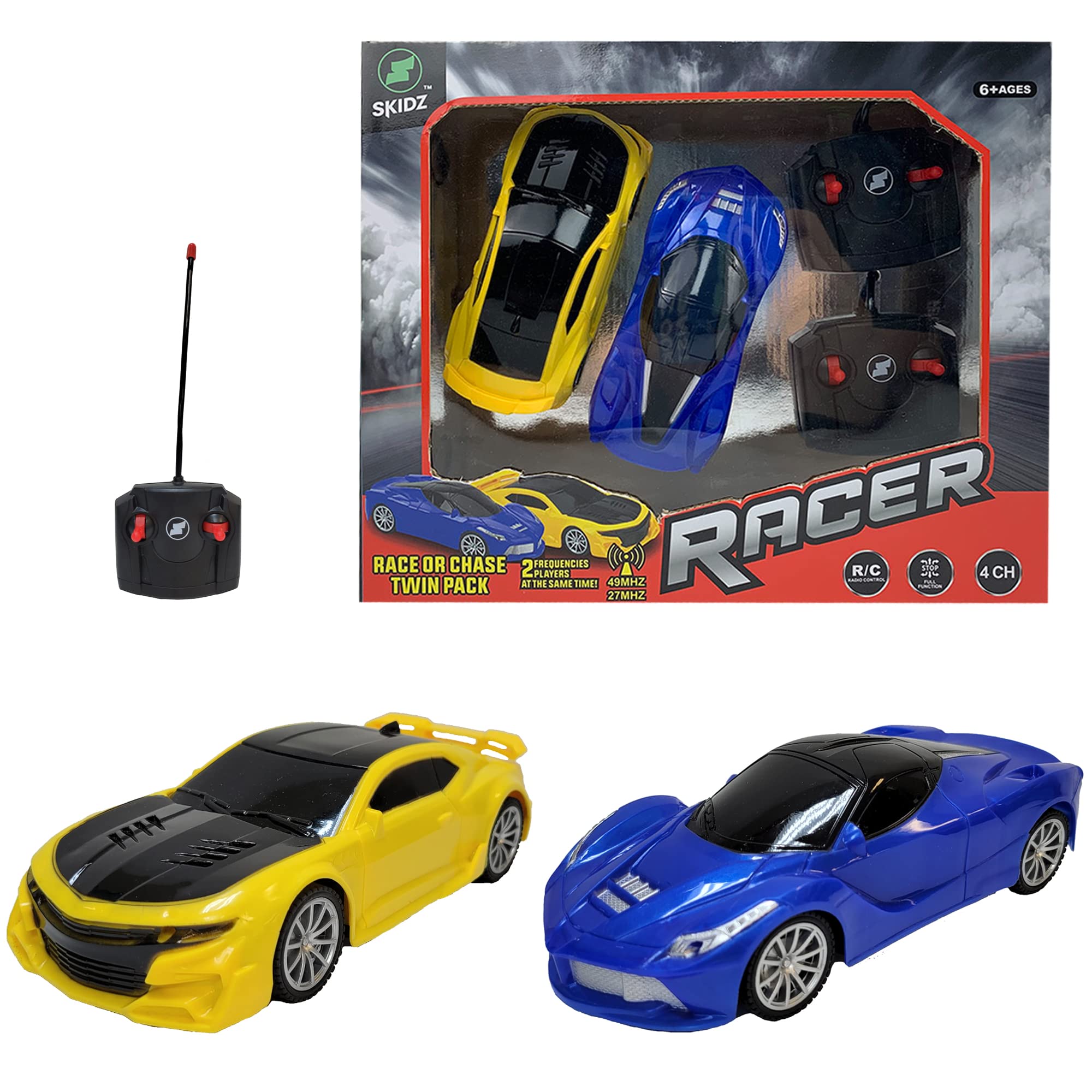 Skidz RC Cars for Kids, Remote Control Toy Car; High Speed Racer Boys Ages 6-7 Years 8-12 4WD Off-Road 1:24 Scale 2 Two Pack R/C Set 27mhz and 49Mhz 4Channel, Full Function (Blue and Yellow)