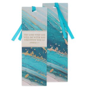 christian art gifts teal marble swirl premium scripture bookmark god will be with you joshua 1:9 bible verse metallic gold accent inspirational bookmark for men and women w/satin ribbon