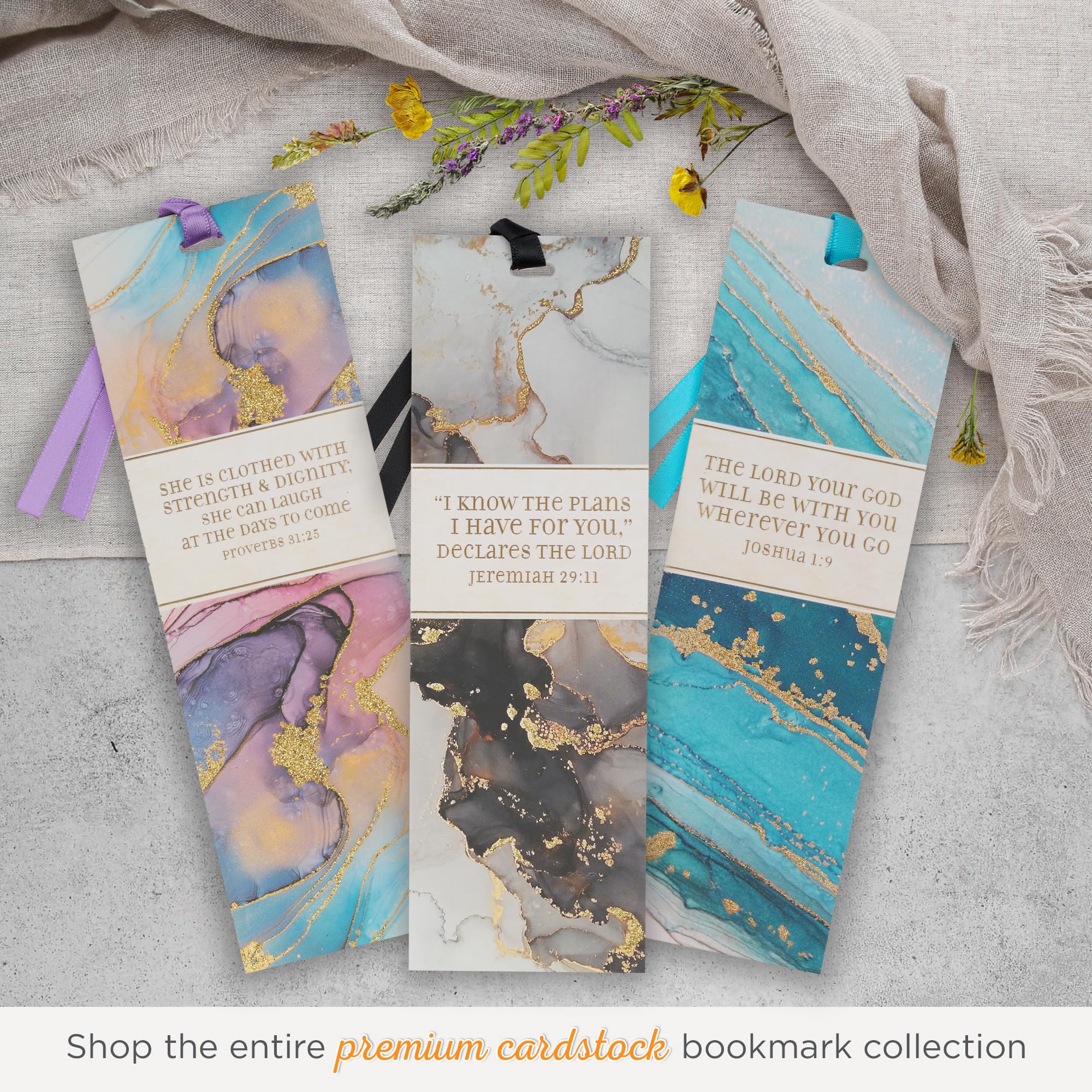 Christian Art Gifts Teal Marble Swirl Premium Scripture Bookmark God Will Be with You Joshua 1:9 Bible Verse Metallic Gold Accent Inspirational Bookmark for Men and Women w/Satin Ribbon