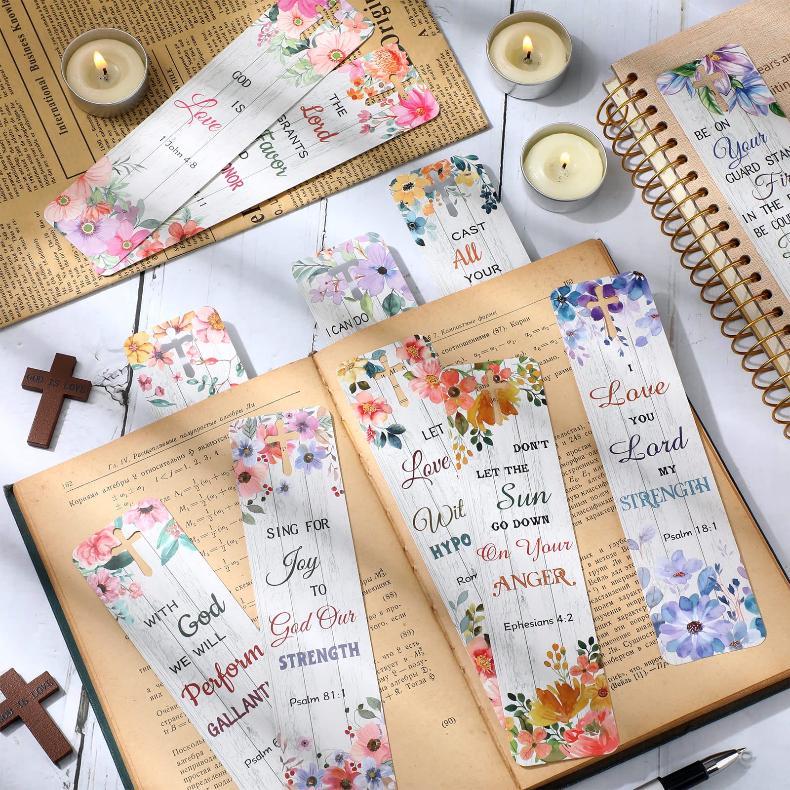 120 Pieces Bible Verses Bookmarks with Hollow Cross for Women Scripture Bookmarks Christian Book Markers for Women Men Church Gifts Supplies (Wood Flower)