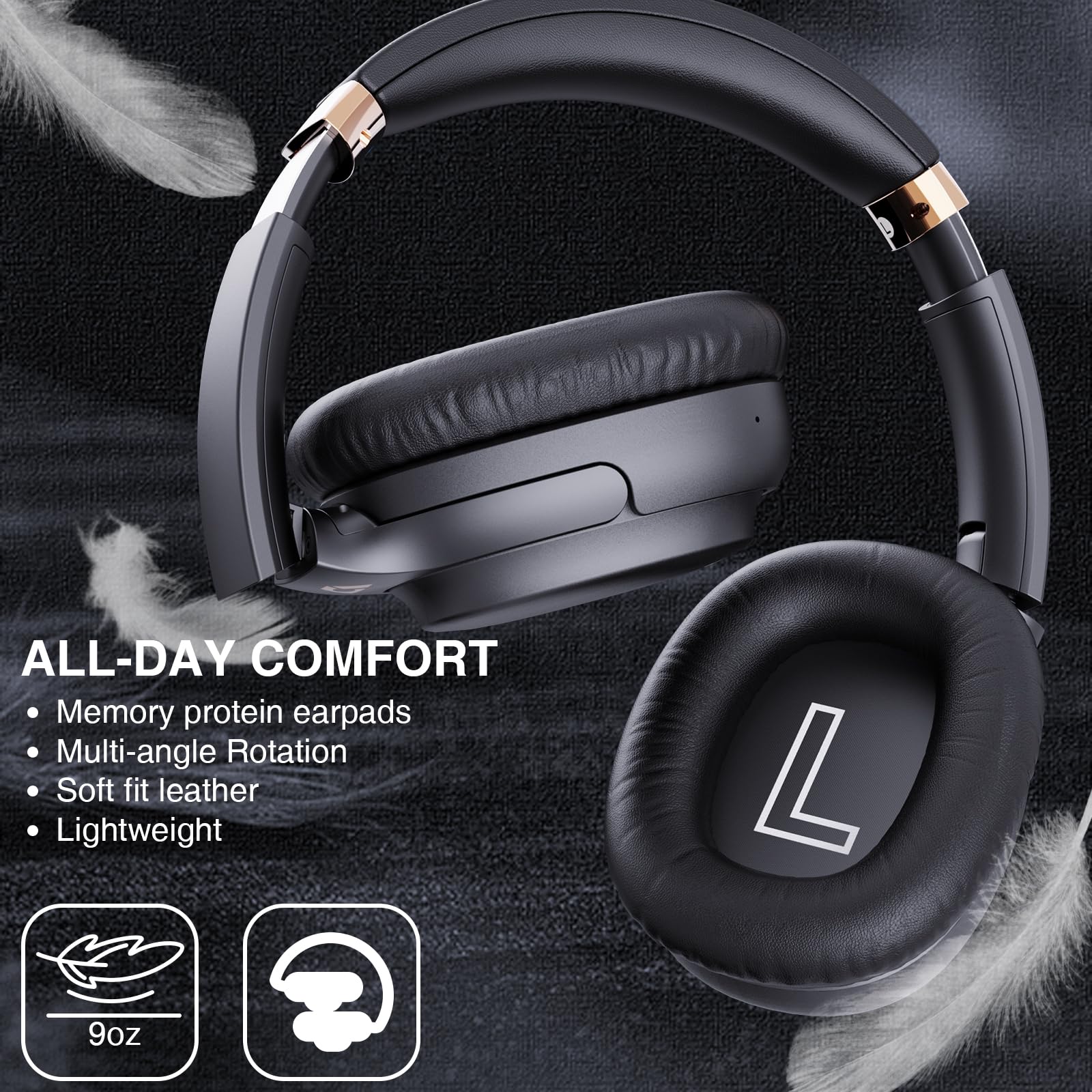 Lavales E600Pro Over Ear Headphones Hybrid Active Noise Cancelling, Wireless Bluetooth Headphones, aptX HD & Low Latency, Hi-Res Audio, Deep Bass, 68H Playtime - Black