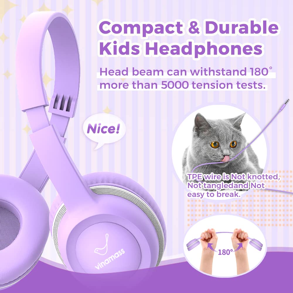 vinamass Kids Headphones, Ear Headphones for Kids, Wired Headphones with Safe Volume Limiter 85dB, Kids Headphones with Cord 3.5mm Jack Wired for Children/School