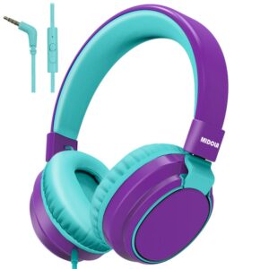 midola headphone kids volume limited 85/110db wired over-ear/on-earr foldable headset with inline cable aux 3.5mm cord mic for boy girl child pc notebook tablet purple