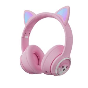 tokani kids headphones, bluetooth wireless headphones for kids teens adults, over-ear bluetooth headphones with microphone, cat ear headphones for girls women (pure pink)